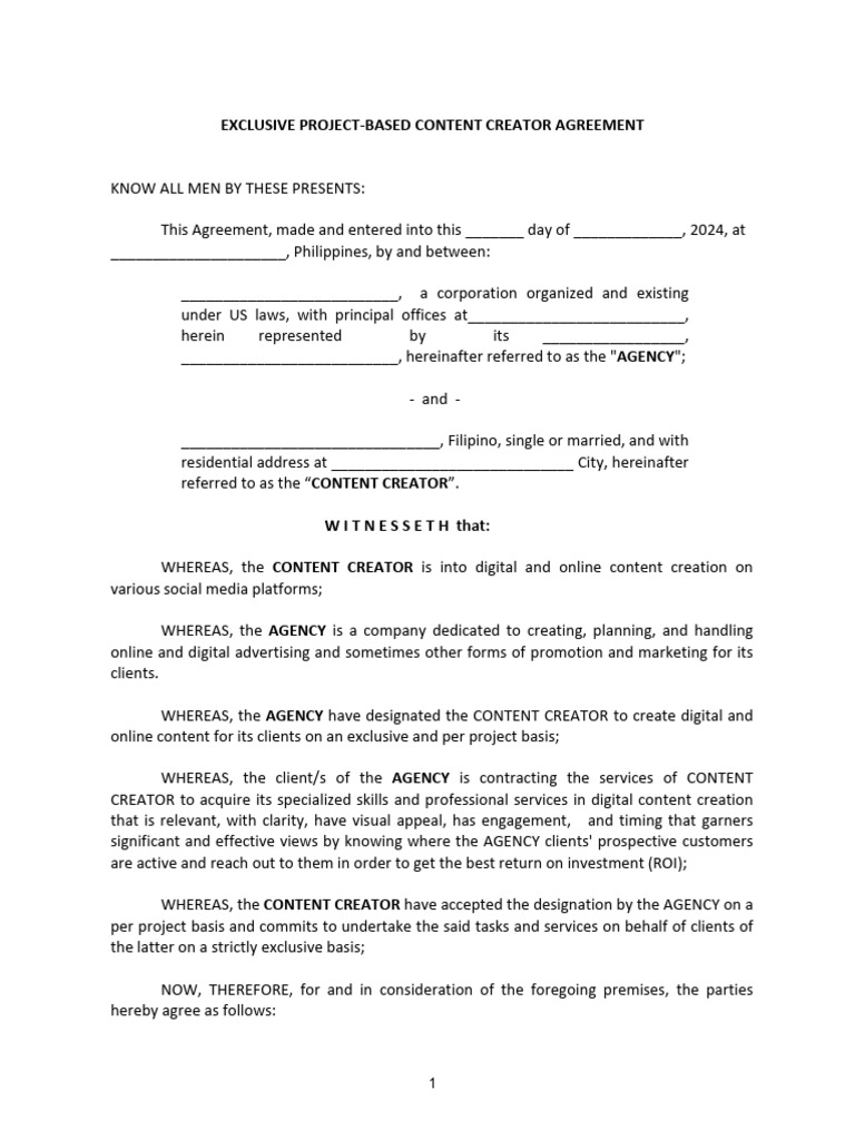Exclusive Project-Based Content Creator Agreement | PDF | Employment ...