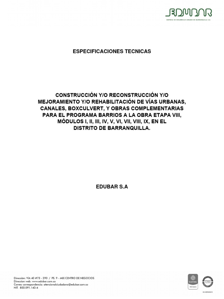 Especificaciones Te Cnicas Barrios A La Obra | PDF | Cemento | Topografía