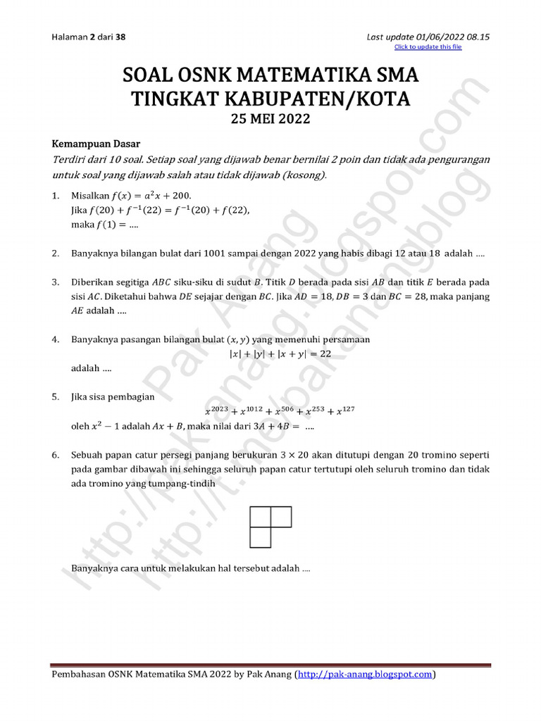 Pembahasan Soal OSNK Matematika SMA 2022 Tingkat Kabupaten Kota - Versi Gambar Saj | PDF