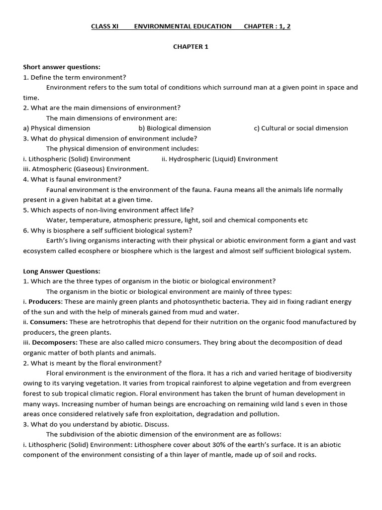 Class Xi Environmental Education Chapter: 1, 2 Short Answer Questions ...