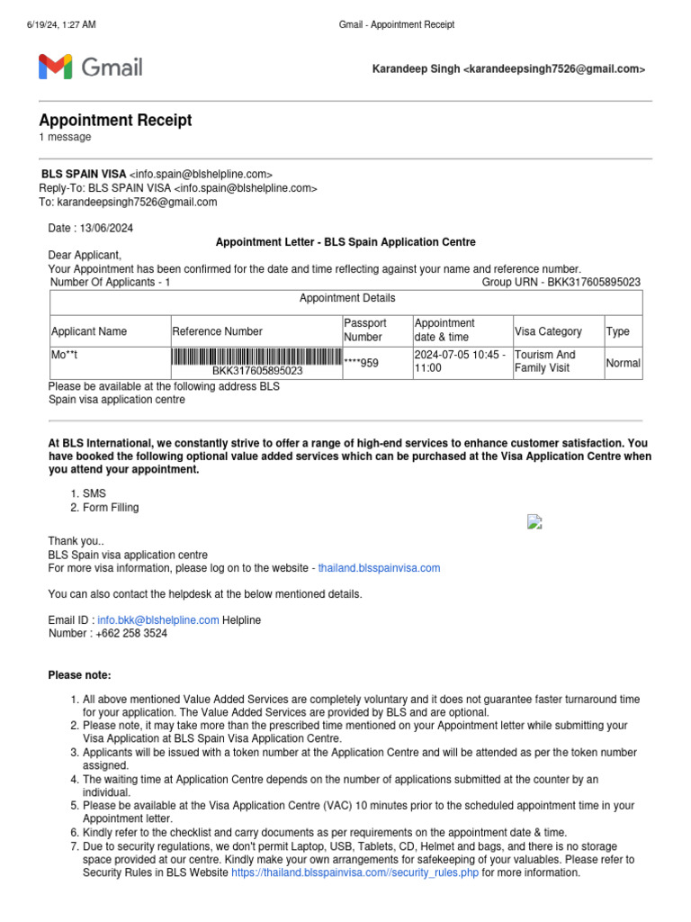 Gmail - Appointment Receipt | PDF | Travel Visa | Consul (Representative)
