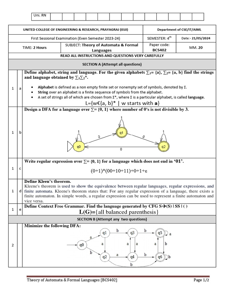 TAFL First Sessional 2024-Solution | PDF | Metalogic | Mathematical Logic