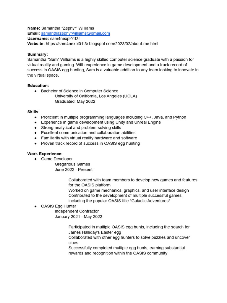 Samantha "Zephyr" Williams - CV | PDF | Virtual Reality | Virtual World