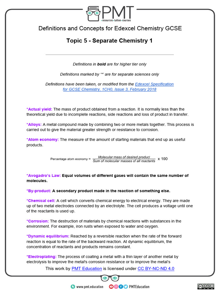 Definitions - Topic 5 Separate Chemistry 1 - Edexcel Chemistry GCSE ...