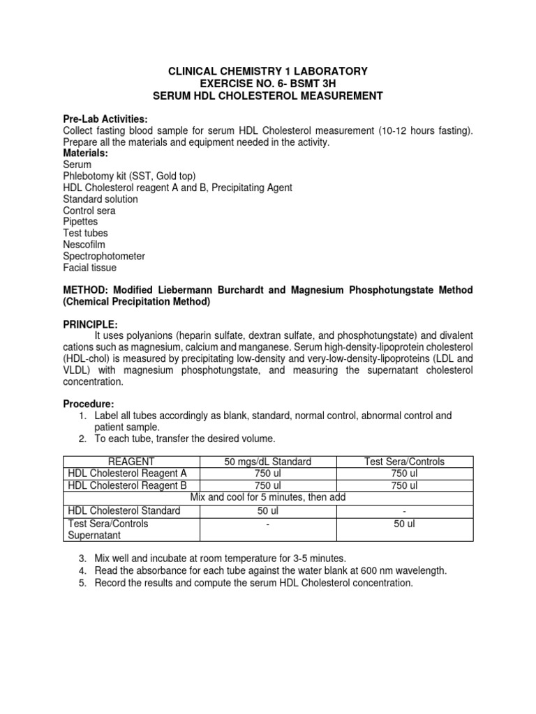Exercise No. 6 - Serum HDL Measurement Procedure and Answer Sheet - BSMT 3H | PDF | Cholesterol ...