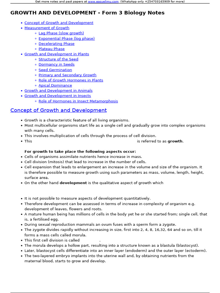 GROWTH AND DEVELOPMENT - Form 3 Biology Notes | PDF | Auxin | Seed