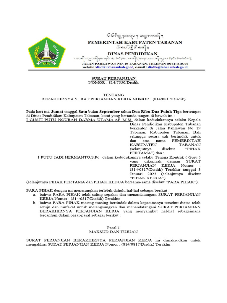Master Format Surat Perjanjian Pemberhentian Kerja | PDF