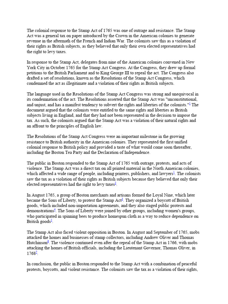 The Colonial Response To The Stamp Act of 1765 Was One of Outrage and ...