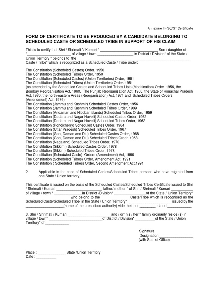 SC/ST Certificate Form Guide | PDF | Government | Government Of India