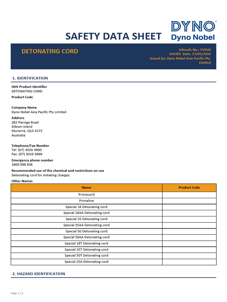 SDS - Dyno - Cv4u6 - Detonating Cord | PDF | Dangerous Goods | Fires