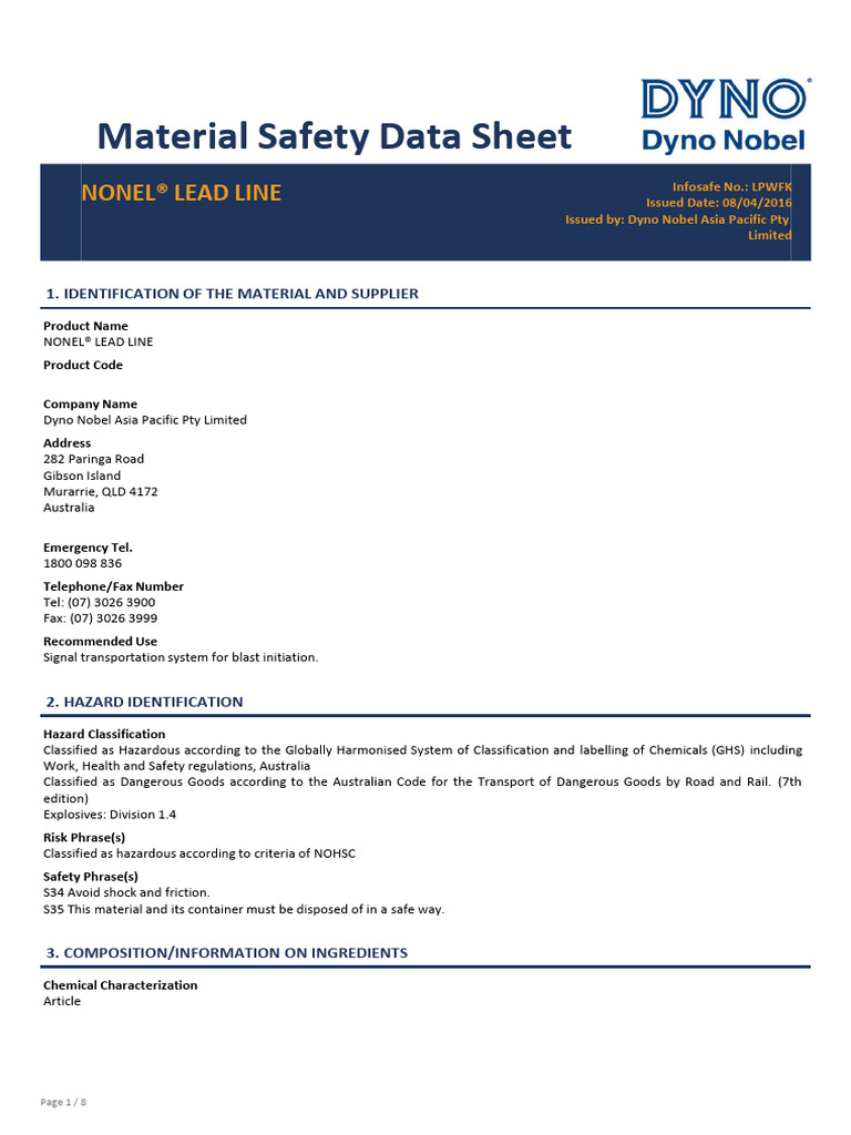 SDS - Dyno - LPWFK - Nonel Lead Line | PDF | Dangerous Goods | Hazards
