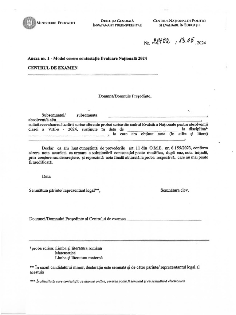 Model Contestatie Evaluarea Nationala 2024 | PDF