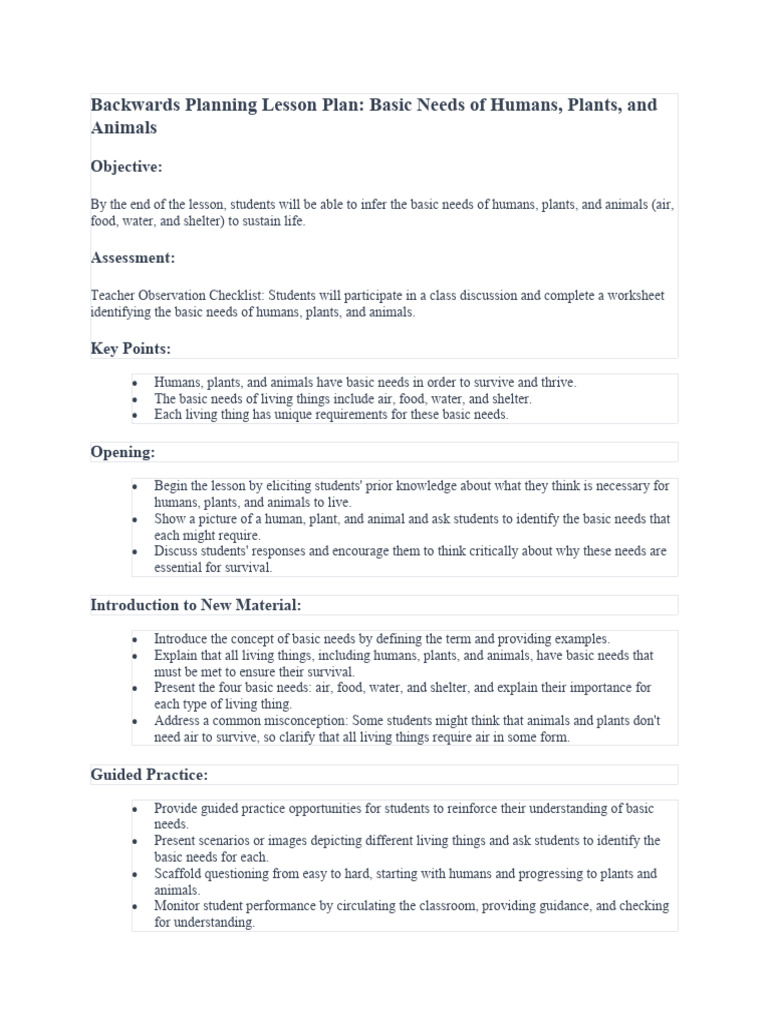 Backwards Planning Lesson Plan | PDF | Lesson Plan | Cognition