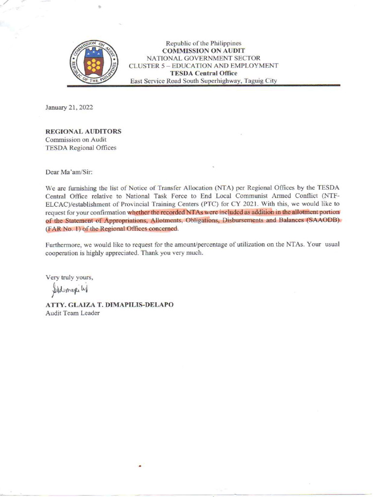A Letter From TESDA CO Sub ARO NTA 600k | PDF
