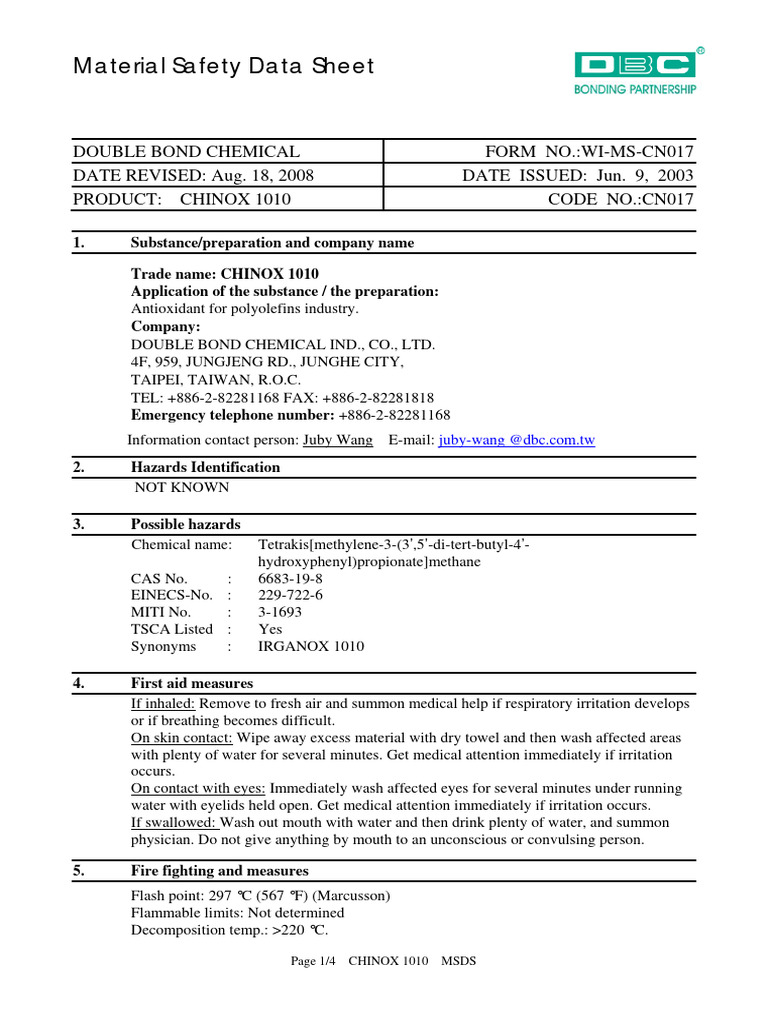 CHINOX 1010-M0808 - Msds | PDF | Occupational Safety And Health