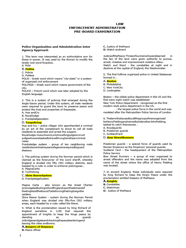LAW Enforcement Adminstration Pre-Board Examination: Police ...