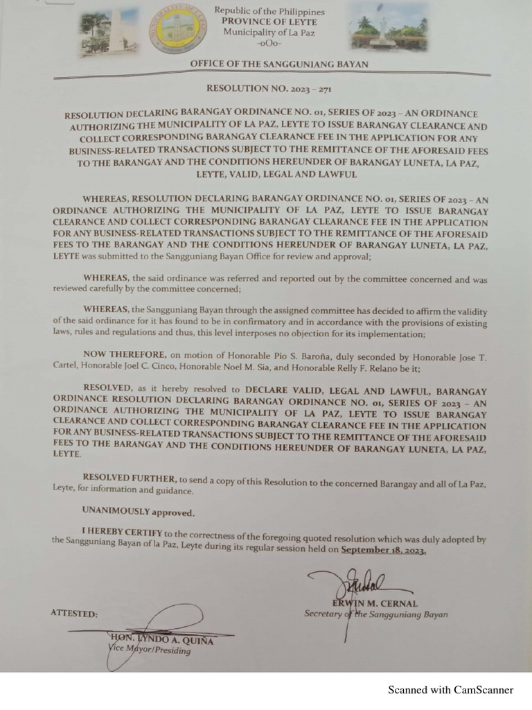 5.2.1 Enacted Barangay Ordinance on Barangay Clearance Fees on Business ... 5.2.1 Enacted Barangay Ordinance on Barangay Clearance Fees on Business ...