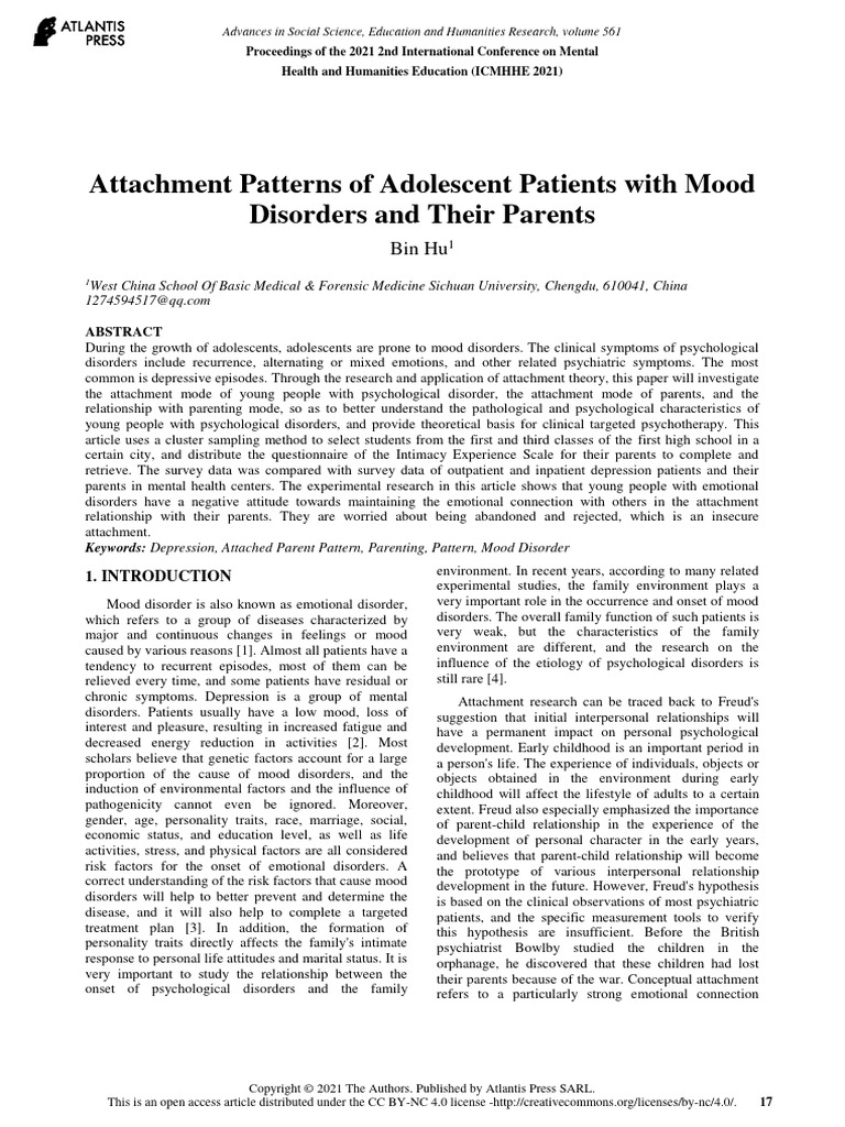 Attachment Patterns of Adolescent Patients With Mood Disorders and ...