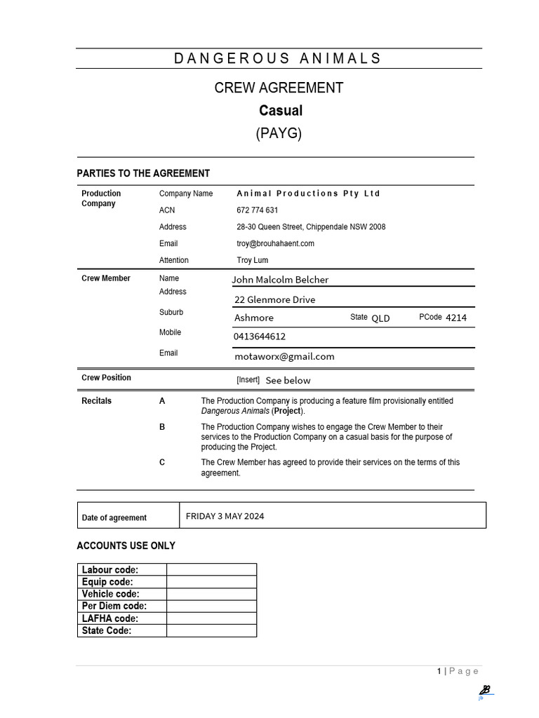 Casual Crew Agreement for Dangerous Animals | PDF | Copyright ...