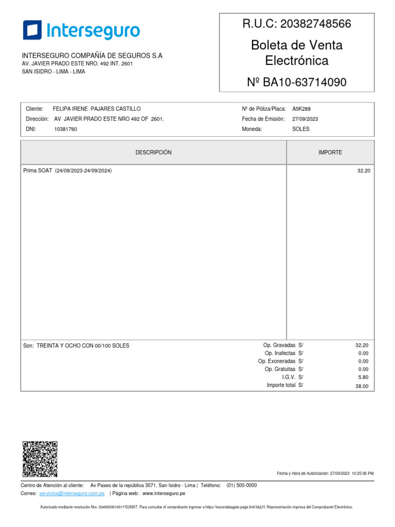 Boleta de pago Interseguro | PDF