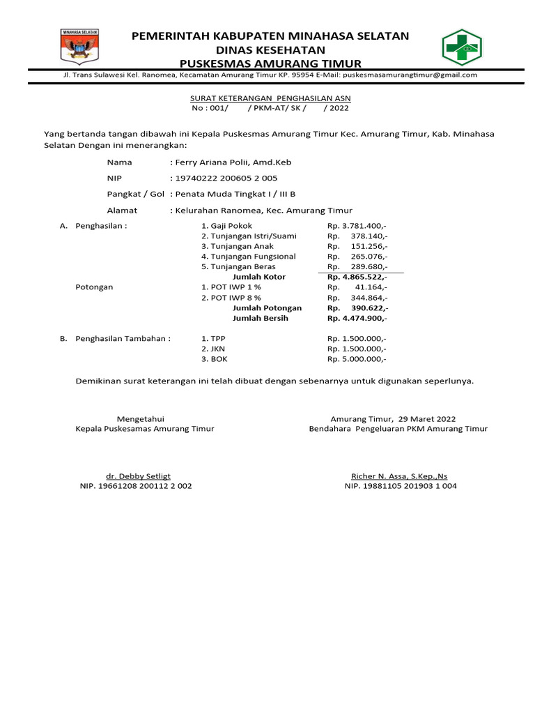 Surat Keterangan Penghasilan ASN Minsel | PDF