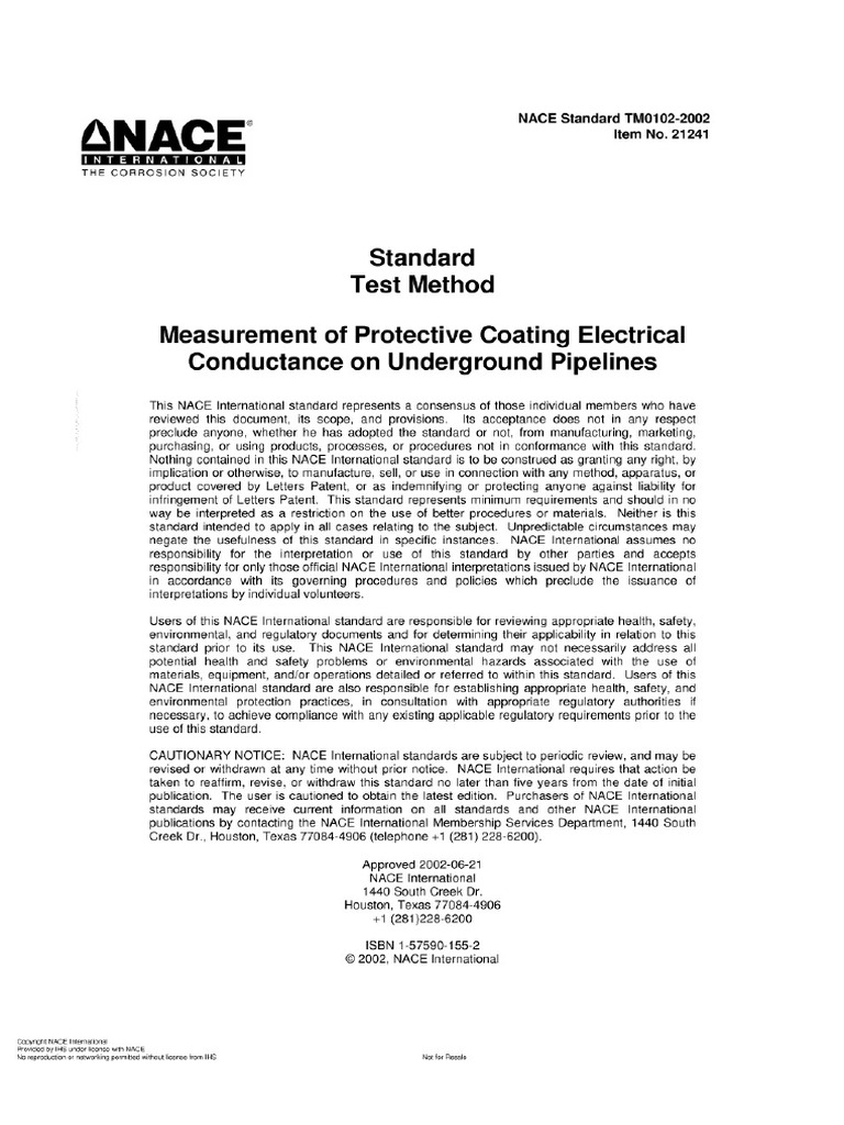NACE TM 0102-2002 MEASUREMENT OF PROTECTIVE COATING ELECTRICAL ...