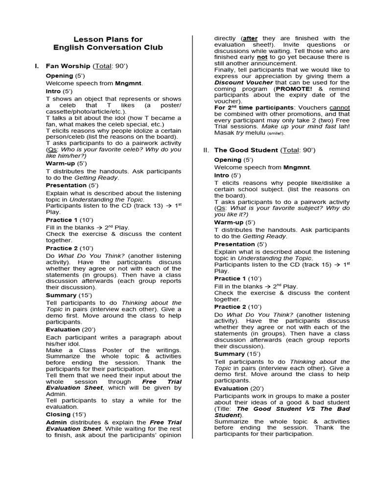 Lesson Plan for Conversation Club | PDF | Human Communication