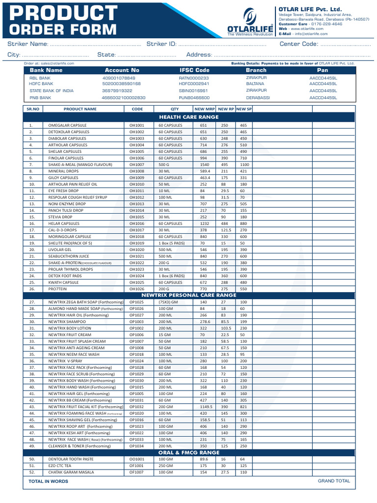 Comprehensive Product Order Form | PDF | Toiletry