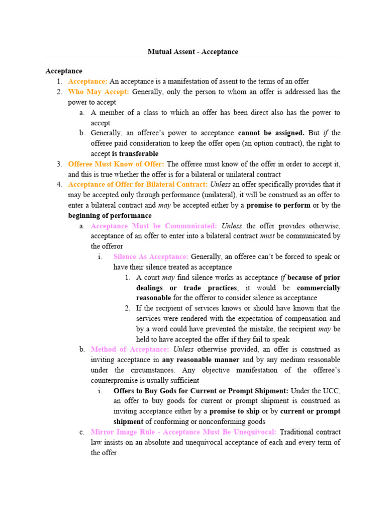 MUTUAL ASSENT ACCEPTANCE | PDF | Offer And Acceptance | Civil Law ...