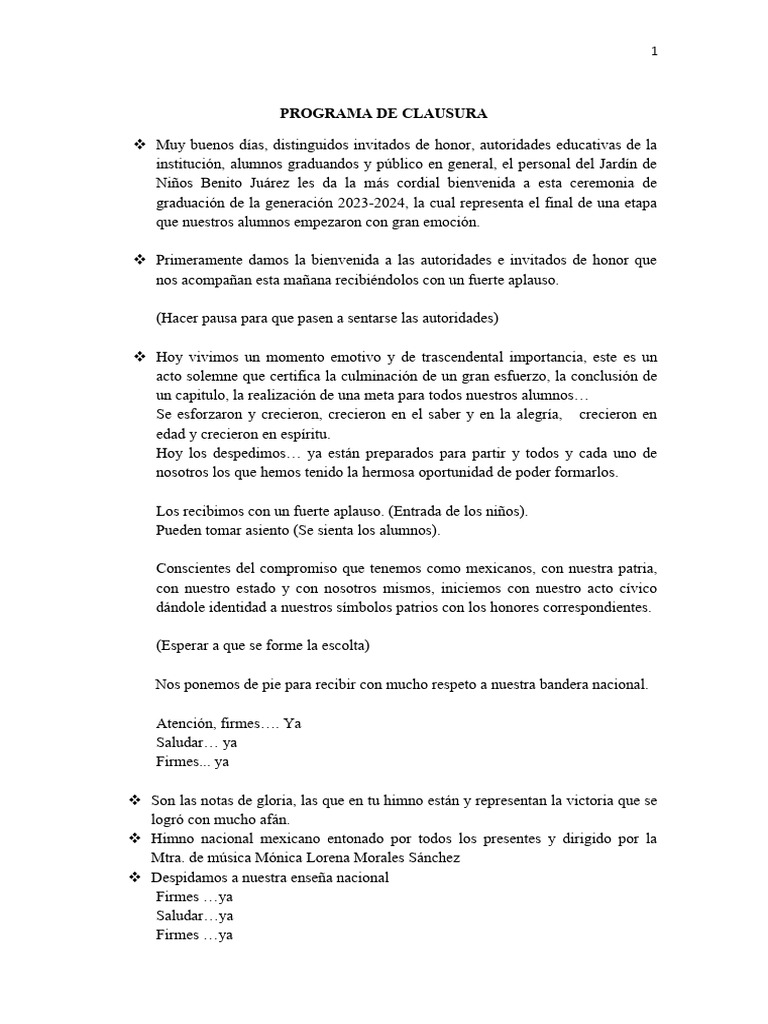 Programa de Clausura Preescolar | PDF | Educación de la primera infancia