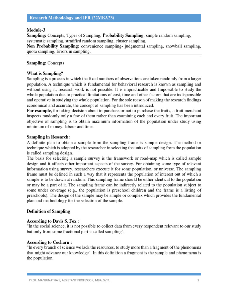 Module-03 RM & Ipr | PDF | Sampling (Statistics) | Stratified Sampling Module-03 RM & Ipr | PDF | Sampling (Statistics) | Stratified Sampling