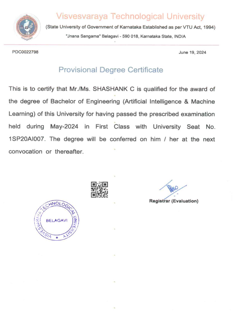 PDC Certificate Final Year Shashank C | PDF