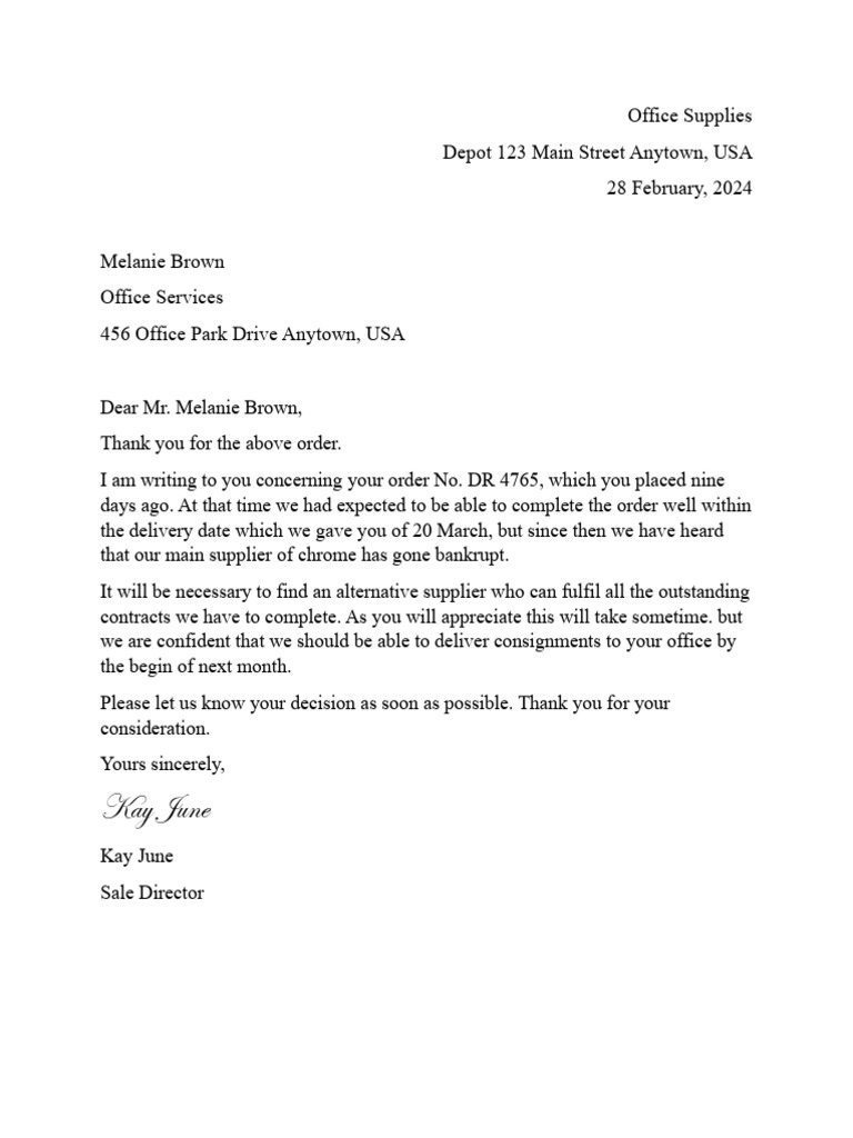 Sorry Letter For Delay of Delivery | PDF