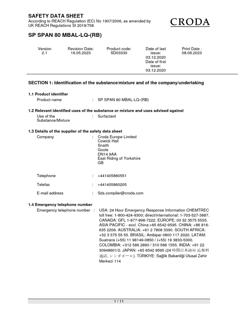 CRODA Safety data sheet SPAN 80 | Download Free PDF | Dangerous Goods | Toxicity