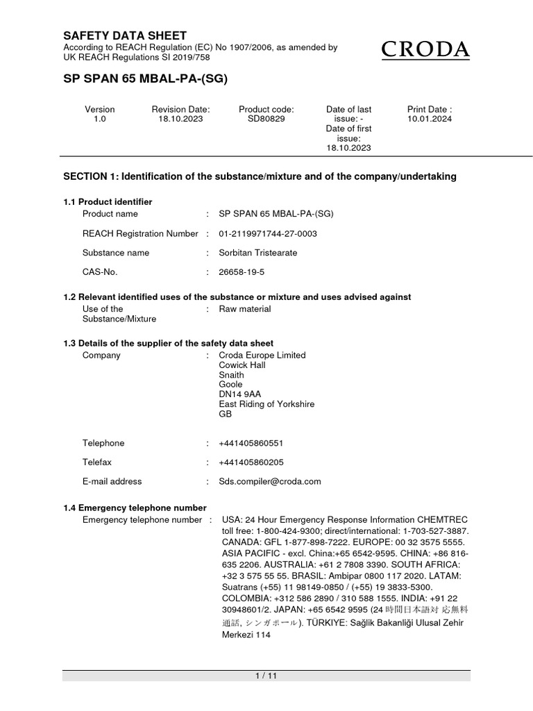CRODA Safety Data Sheet SPAN 65 | PDF | Toxicity | Dangerous Goods