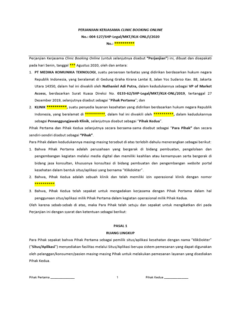 Template PKS Partnership | PDF | Bisnis | Pengelolaan Keuangan & Uang