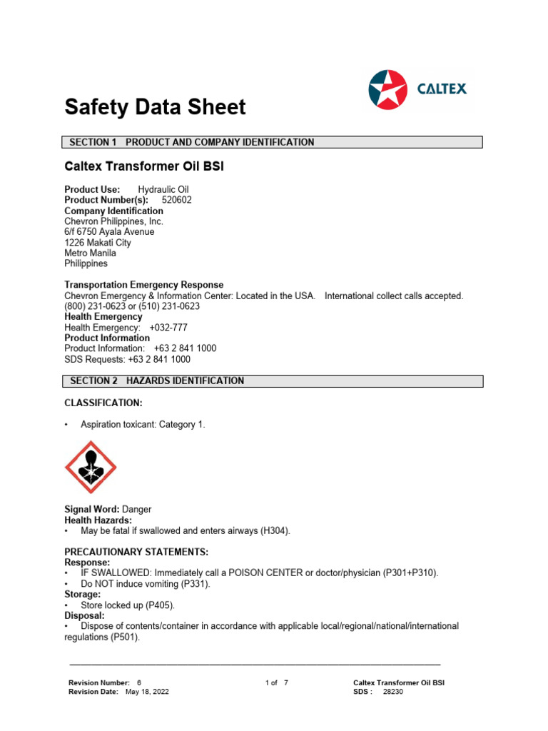 SDS Transformer Oil | PDF | Dangerous Goods | Personal Protective Equipment