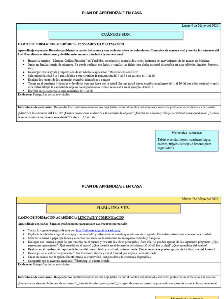 PLAN DE APRENDIZAJE EN CASA DE MAYO Preescolar | PDF | Aprendizaje ...