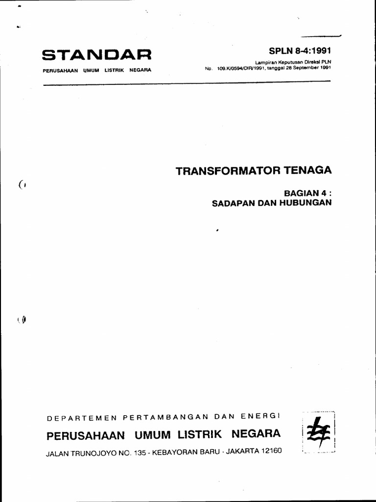 Standar PLN - SPLN 8-4-1991 Transformator Tenaga | PDF