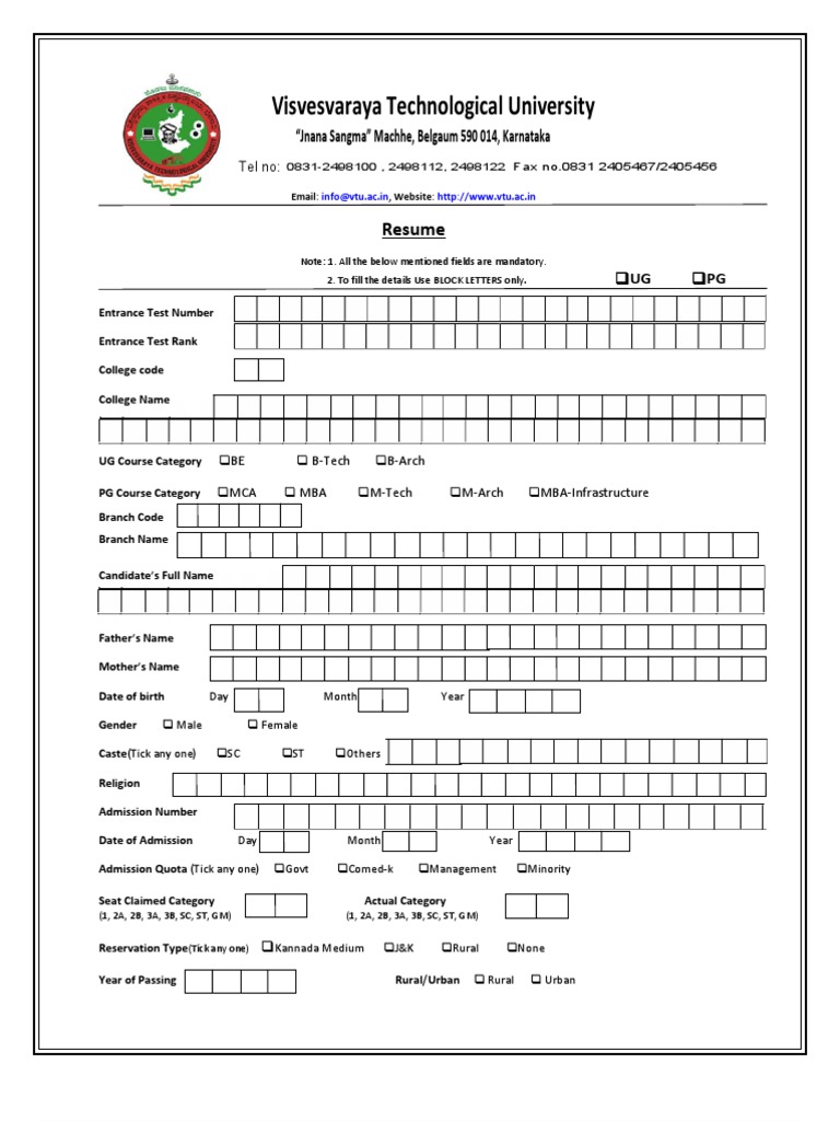 VTU Admission Resume Format | PDF