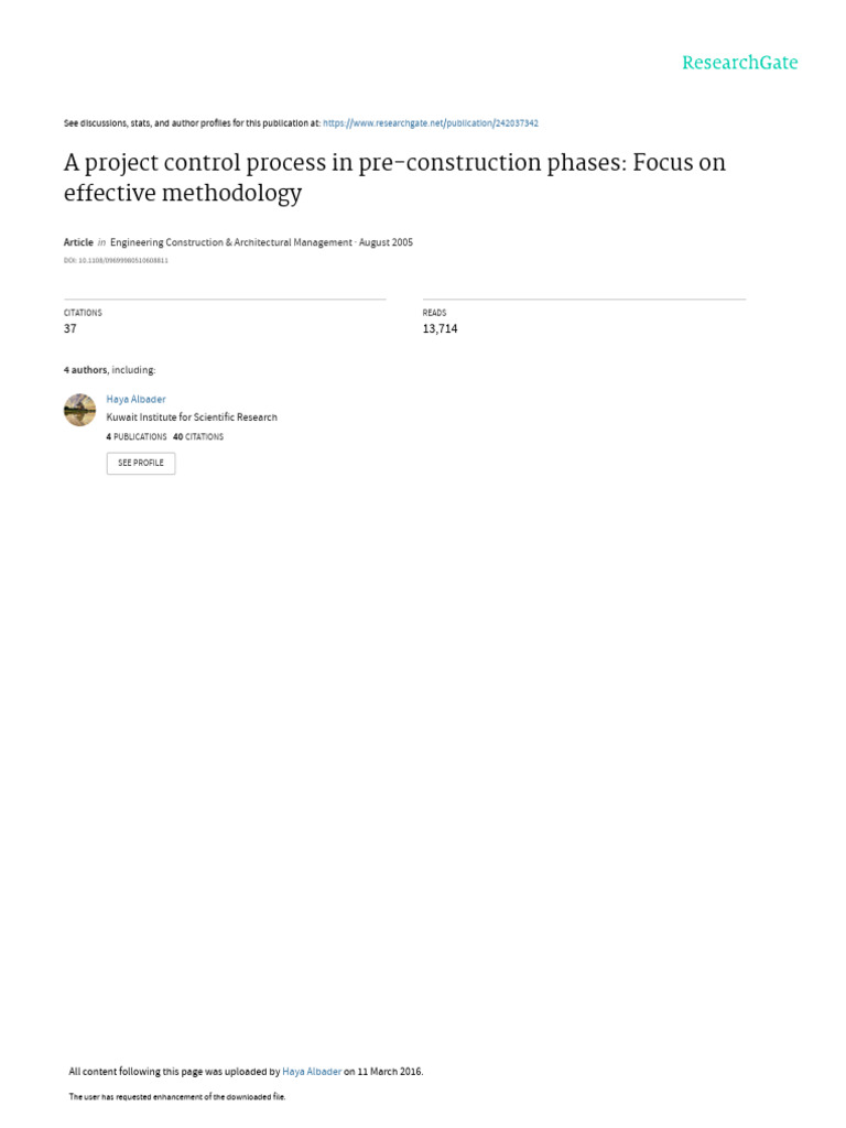 A Project Control Process In Pre Construction Phases Focus On
