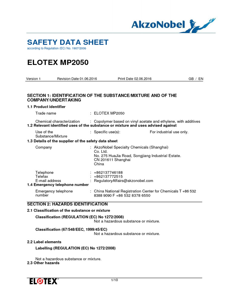 ELOTEX MP2050 GBEN Ver 20160601 MSDS | PDF | Personal Protective ...