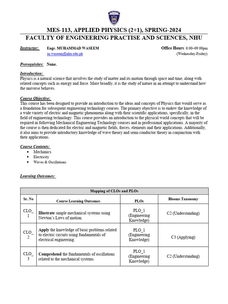 Applied Physics Course Overview 2024 | PDF | Force | Torque