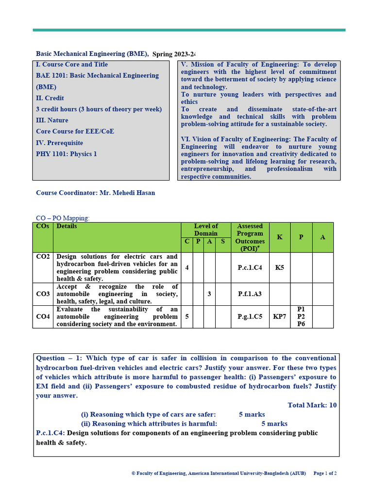 BME - OBE - Assignment - Spring 23-224 | PDF | Engineering | Gasoline