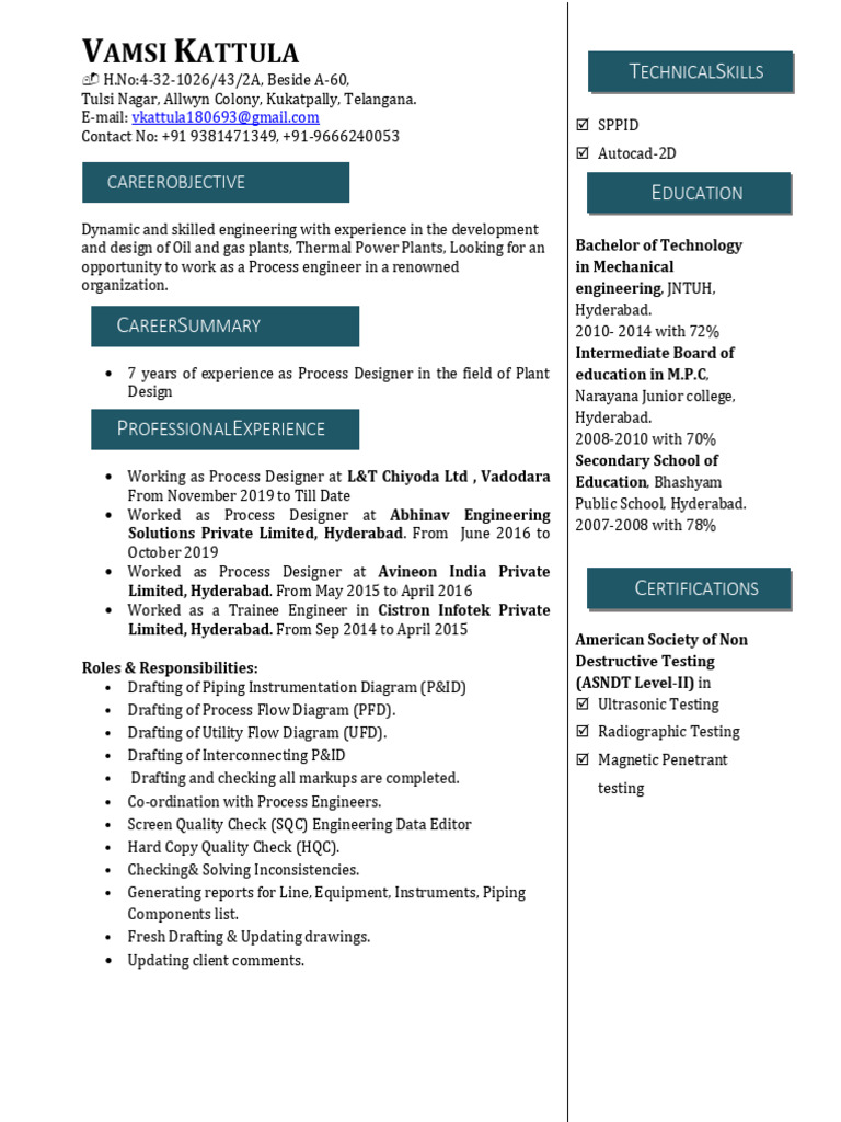 Vamsi Kattula Process Designer 7+ | PDF | Engineering