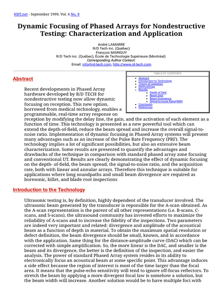 Dynamic Focusing of Phased Arrays For Nondestructive Testing ...