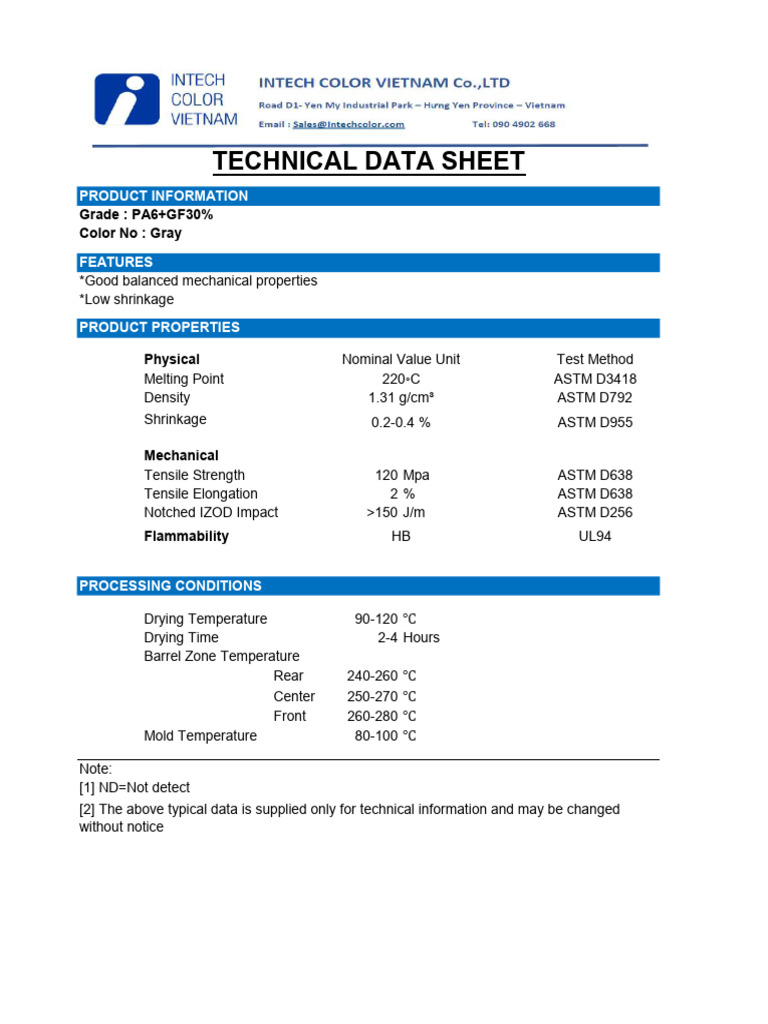PA6+GF30% Technical Data Sheet | PDF