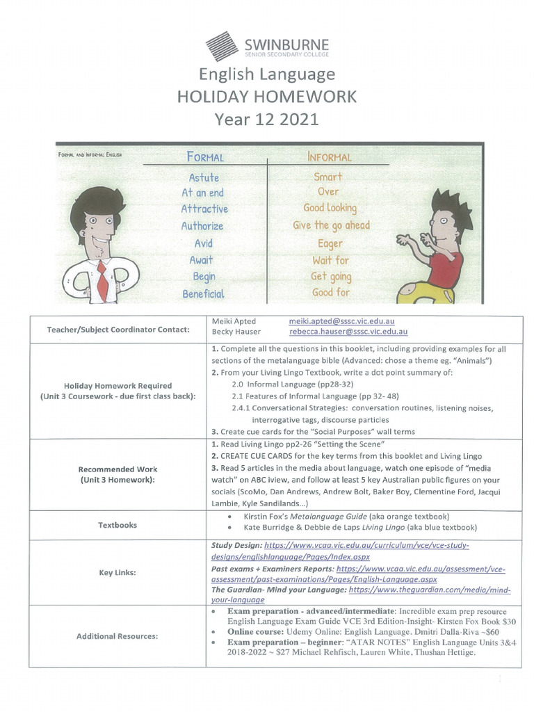 2021 English Language Holiday Homework | PDF