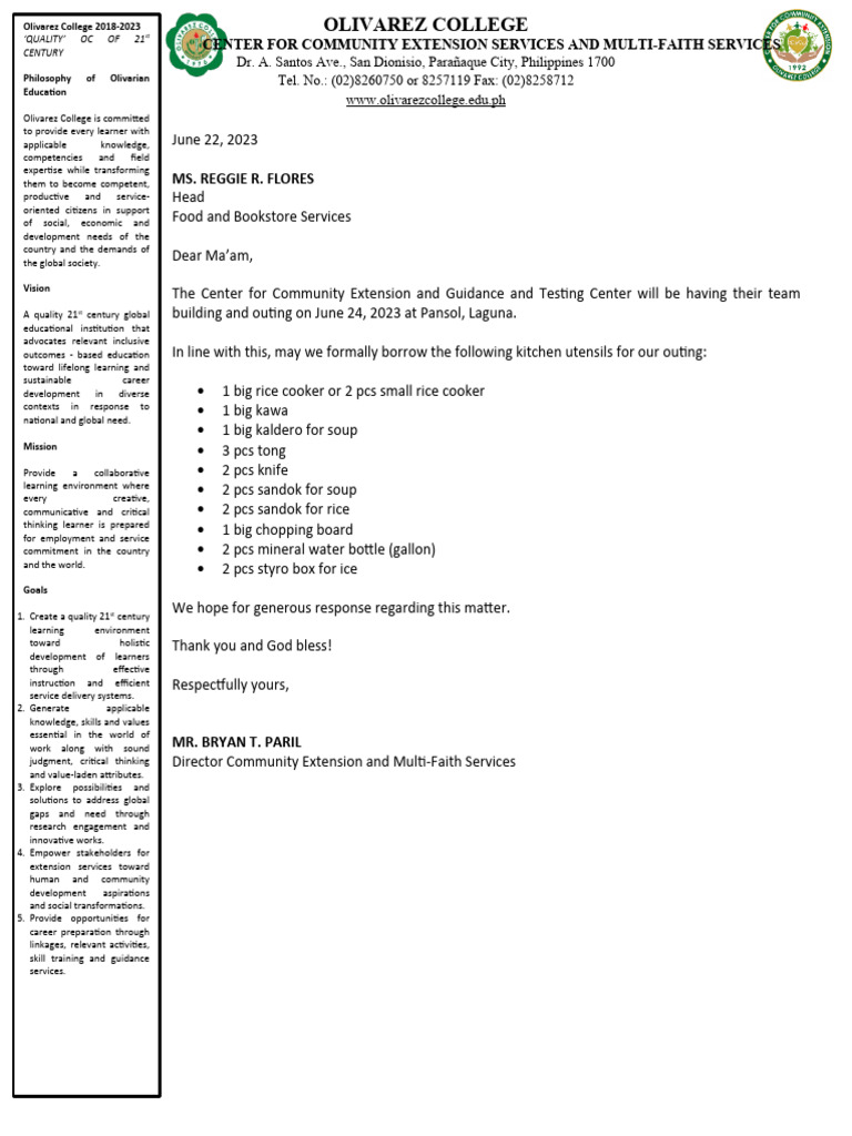 Letter For Canteen - Equipment | PDF | Learning | Behavior Modification