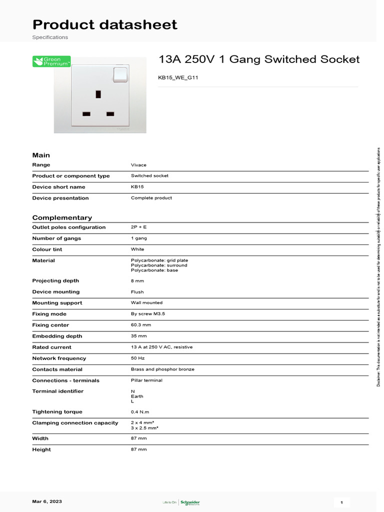 SCHNEIDER Vivace 13A 250V 1 Gang Switched Socket - KB15 WE G11 KB15 AS ...
